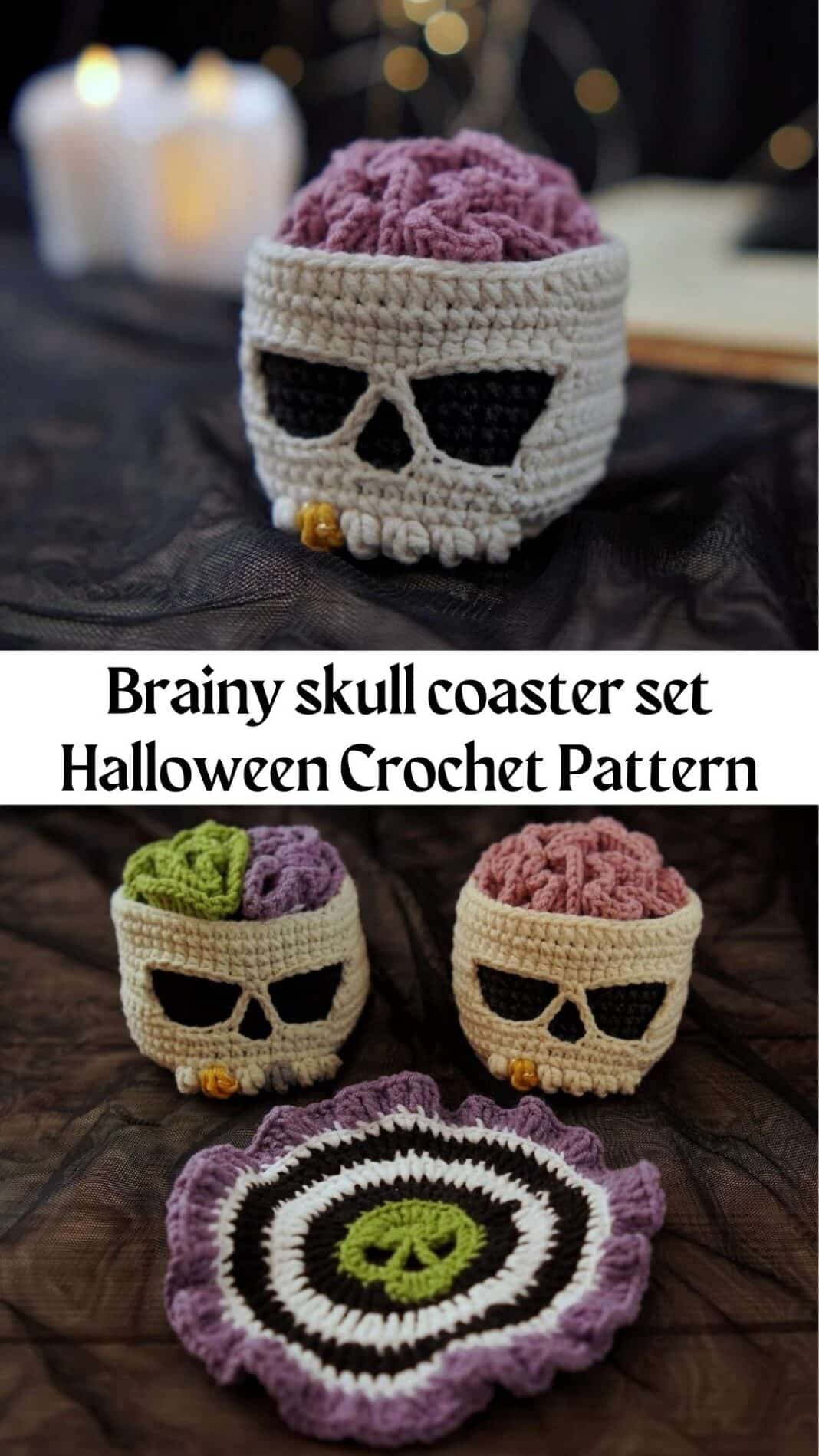 Brainy skull coaster set Halloween Crochet Pattern - MyFavoritePatterns